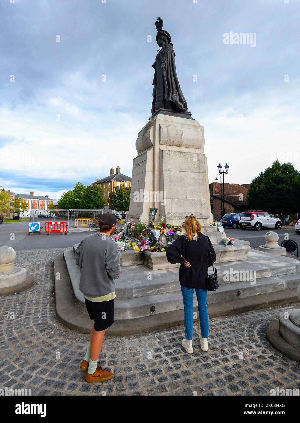 Poundbury, Dorset, UK. 10th September 2022. Floral tributes to the late ...