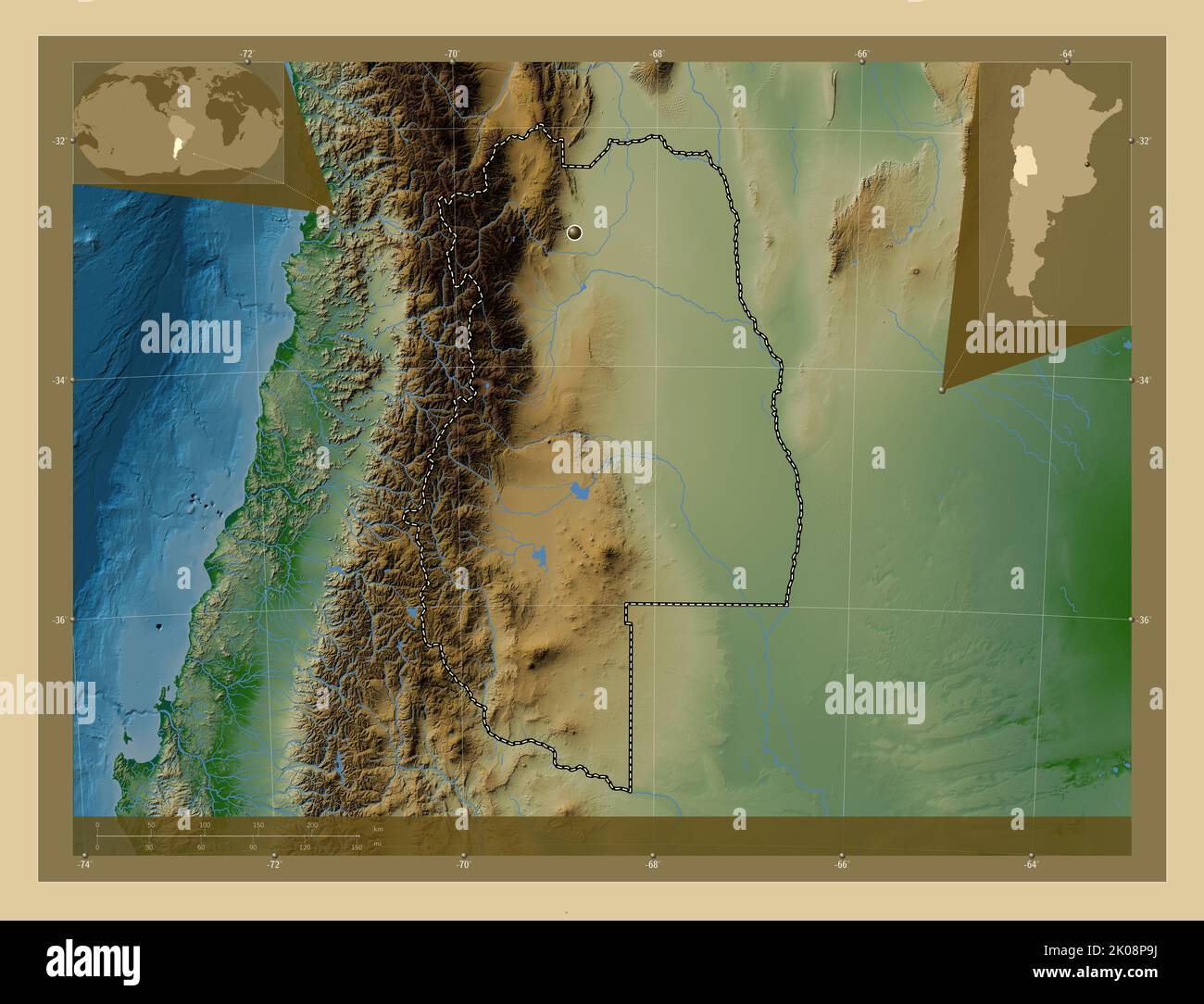 Mendoza, province of Argentina. Colored elevation map with lakes and ...