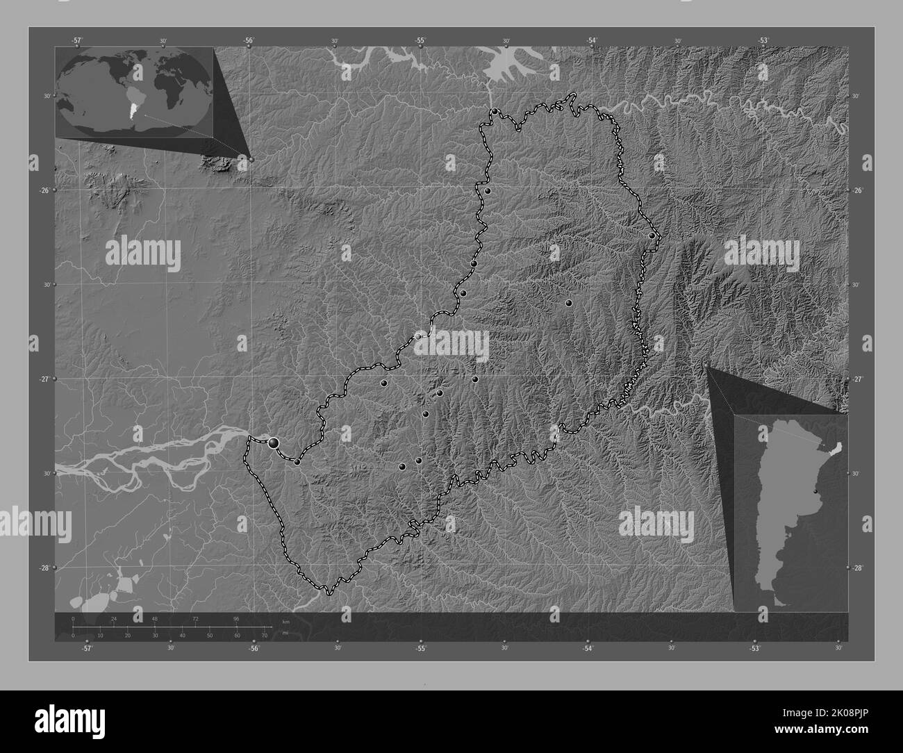 Misiones, province of Argentina. Bilevel elevation map with lakes and ...