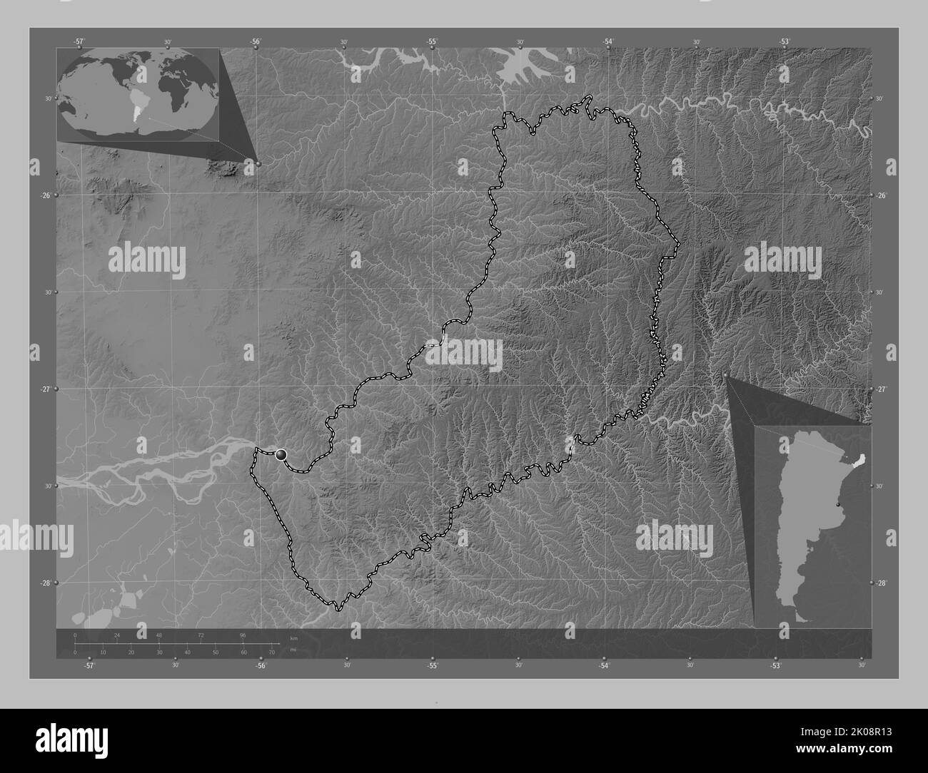 Misiones Province Of Argentina Grayscale Elevation Map With Lakes And Rivers Corner Auxiliary
