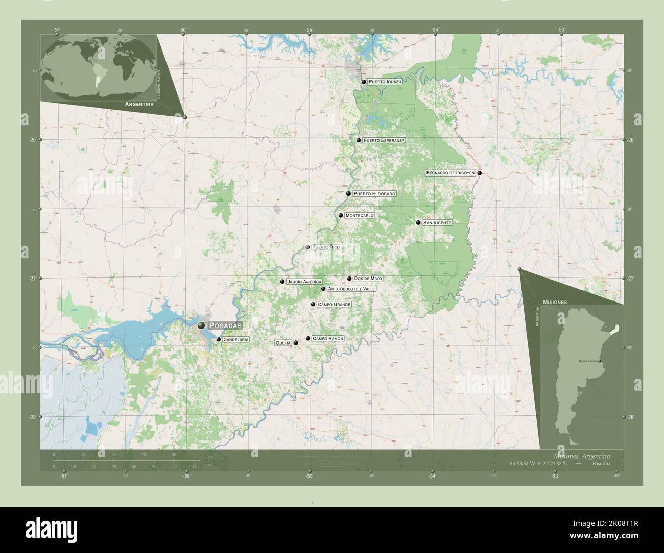 Misiones, province of Argentina. Open Street Map. Locations and names ...