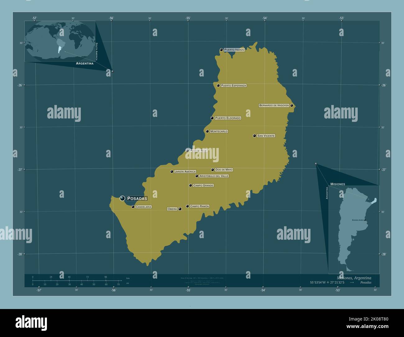 Misiones, province of Argentina. Solid color shape. Locations and names ...