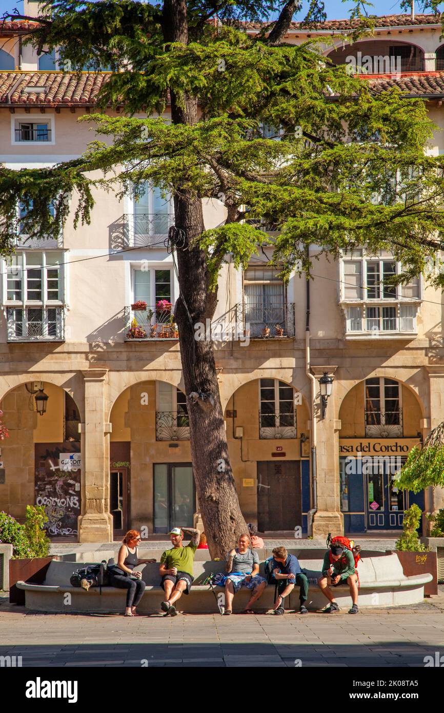 Pilgrims resting in the Plaza Mercado Logrono Spain while walking the ...