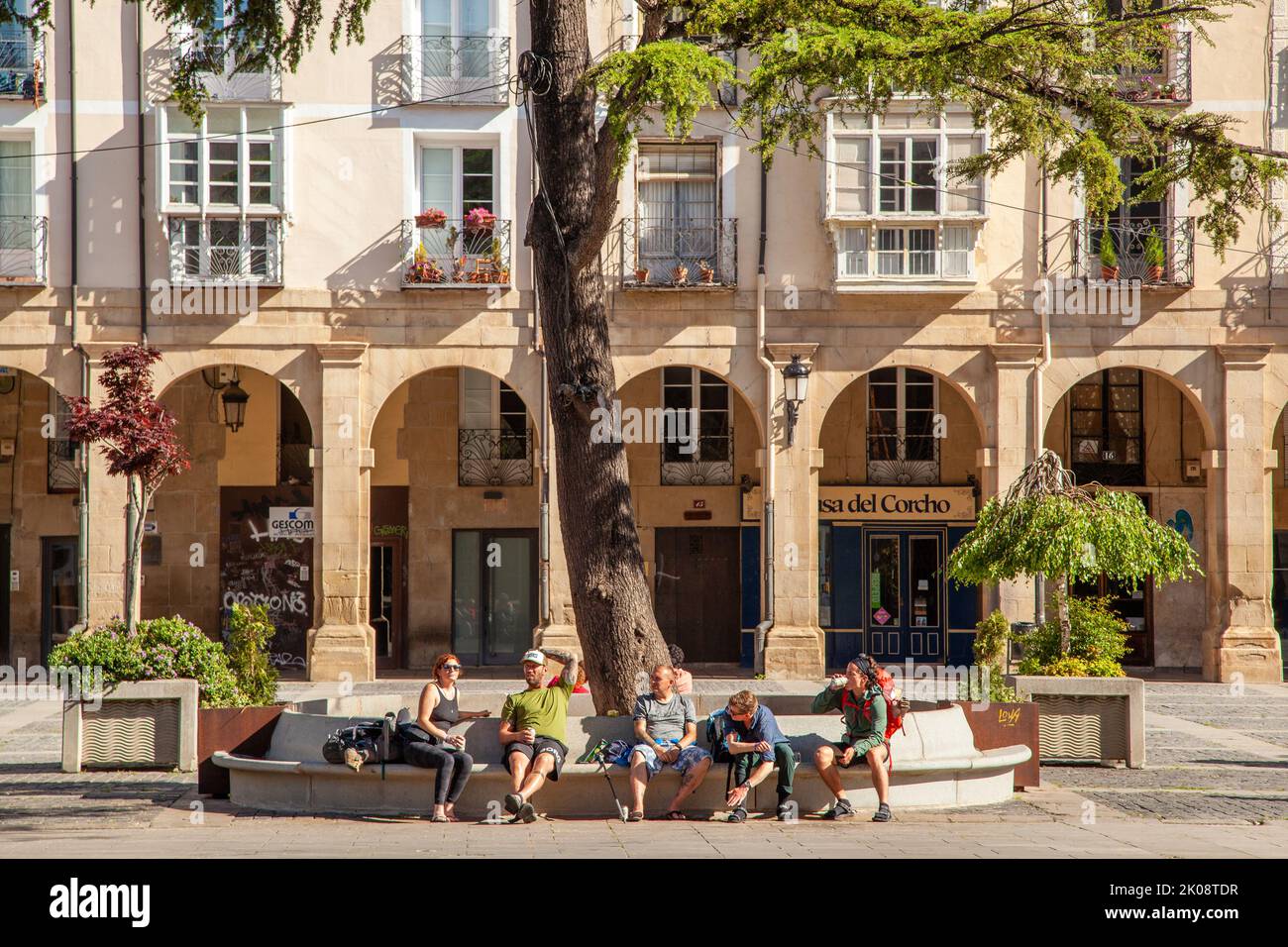 Pilgrims resting in the Plaza Mercado Logrono Spain while walking the ...