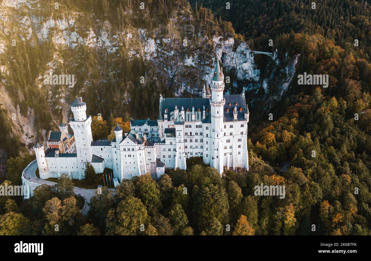 Aerial drone photography of Neuschwanstein castle and bridge in ...