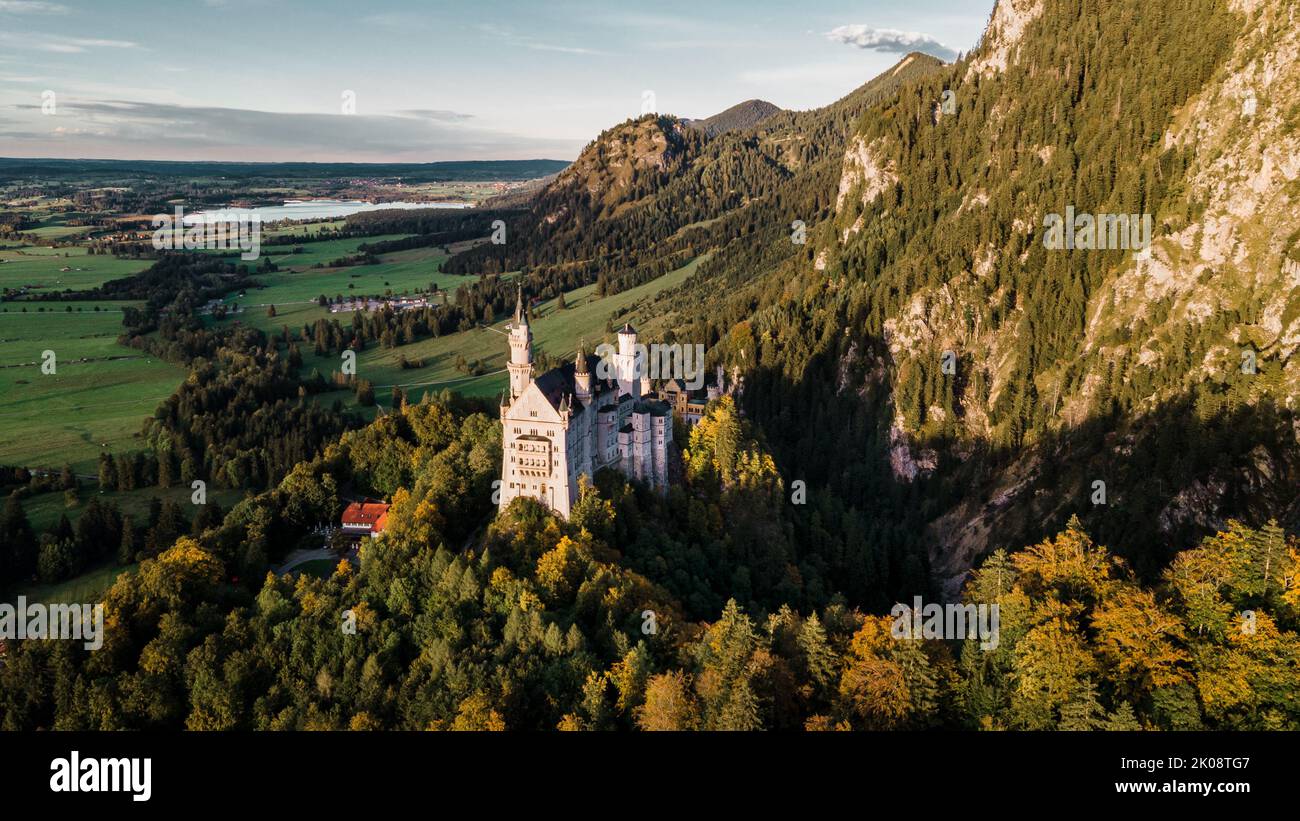 Aerial drone photography of Neuschwanstein castle and bridge in ...