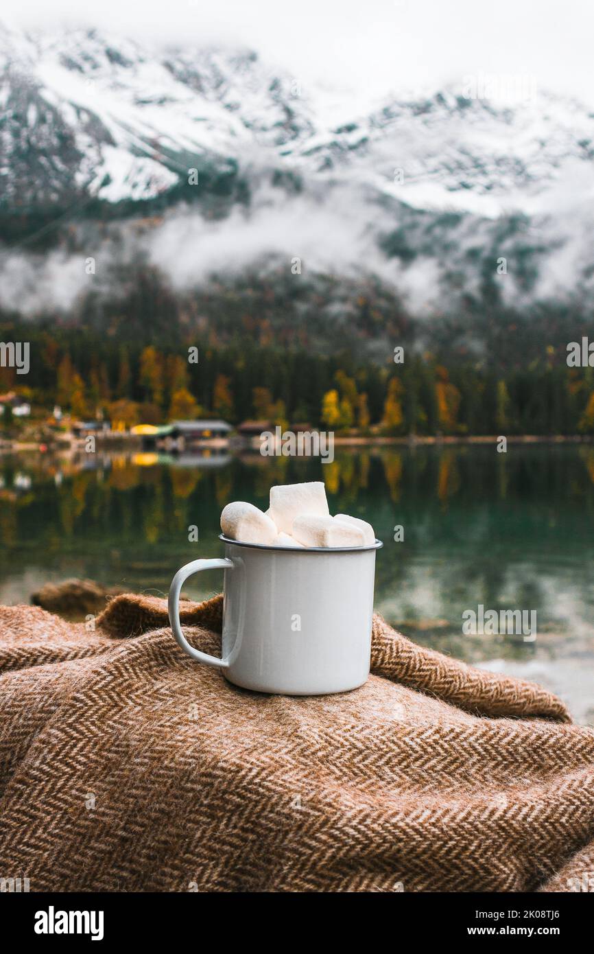 Picnic in the Bavarian mountains, Germany. Hand with mug of cacao and ...