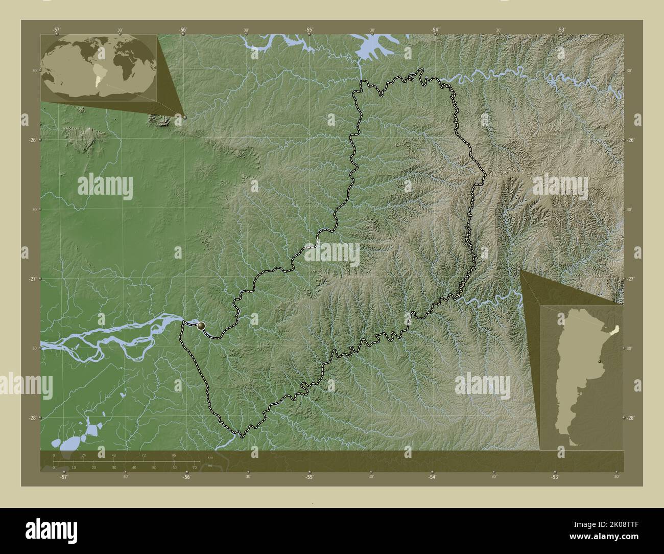 Misiones, province of Argentina. Elevation map colored in wiki style ...