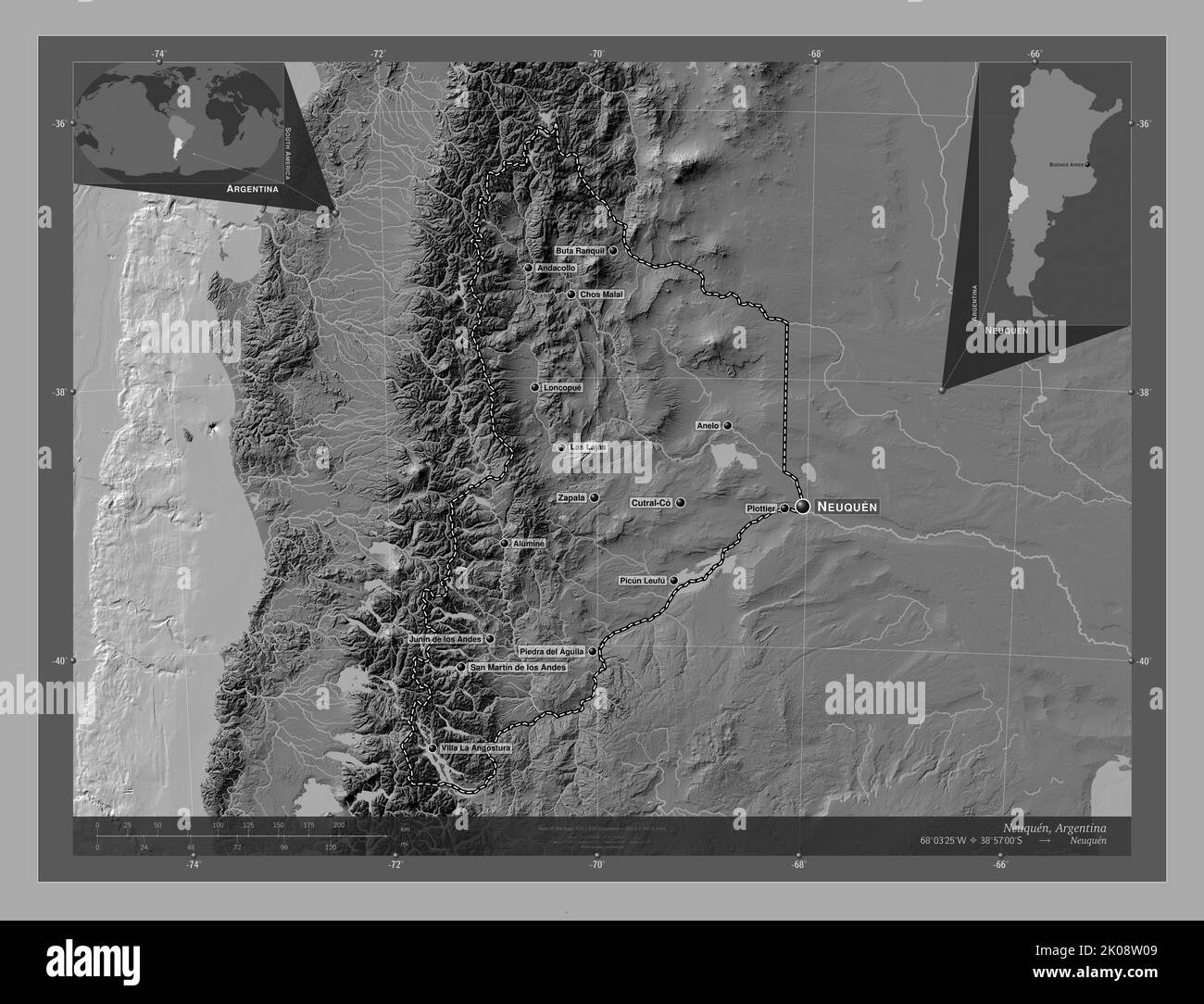 Neuquen, province of Argentina. Bilevel elevation map with lakes and ... Neuquen, province of Argentina. Bilevel elevation map with lakes and ...