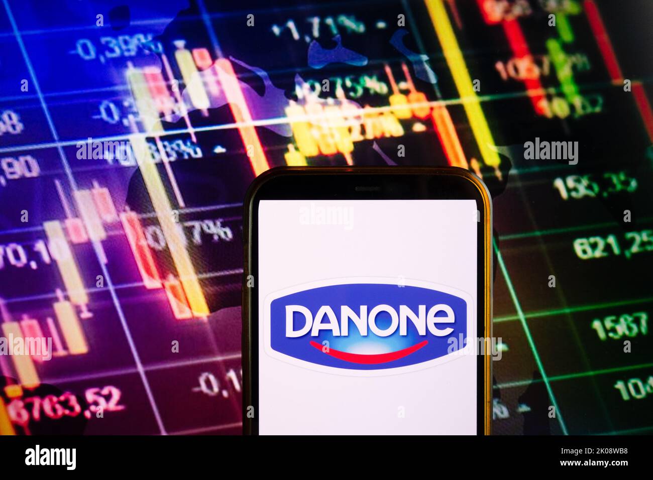 KONSKIE, POLAND - September 10, 2022: Smartphone displaying logo of Danone company on stock ...