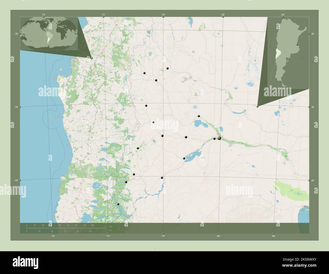 Neuquen, province of Argentina. Open Street Map. Locations of major ...