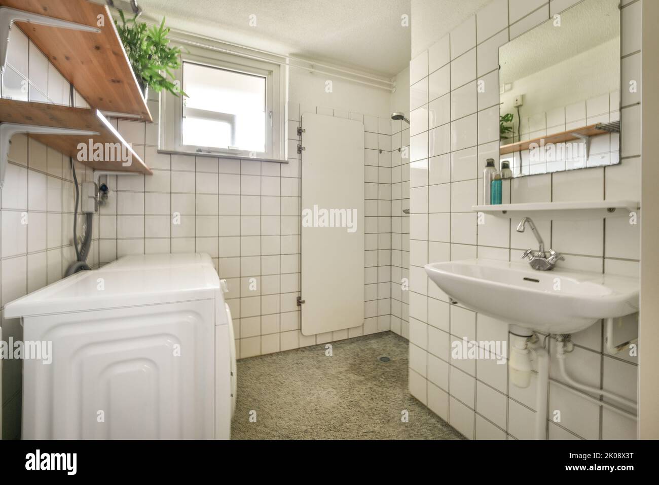 Interior of shower room with hose and washing machine Stock Photo - Alamy