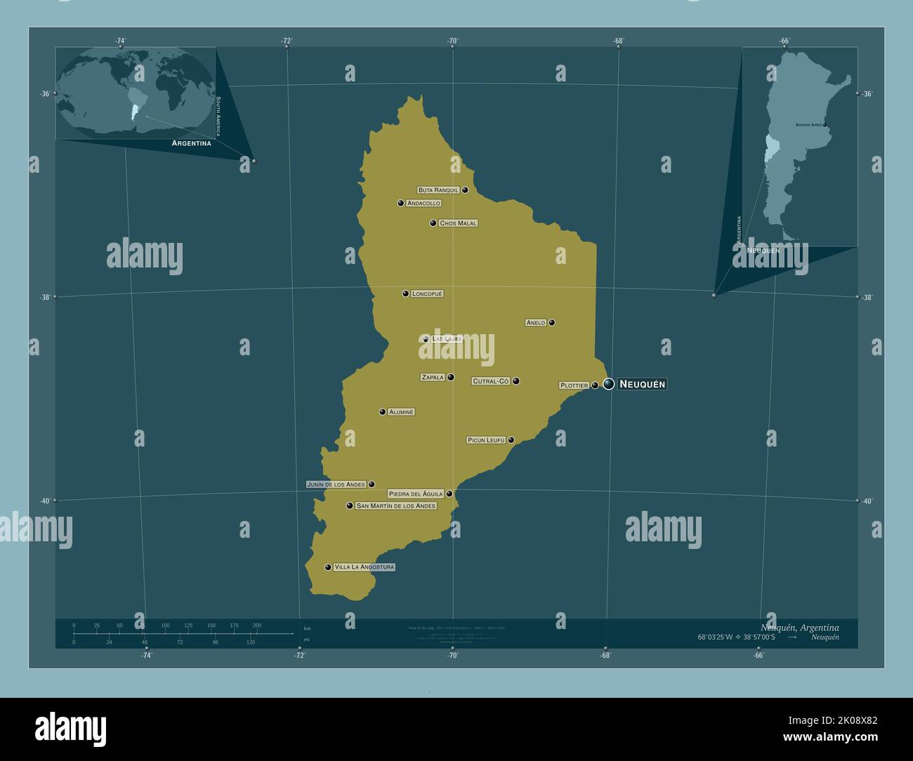 Neuquen, province of Argentina. Solid color shape. Locations and names ...