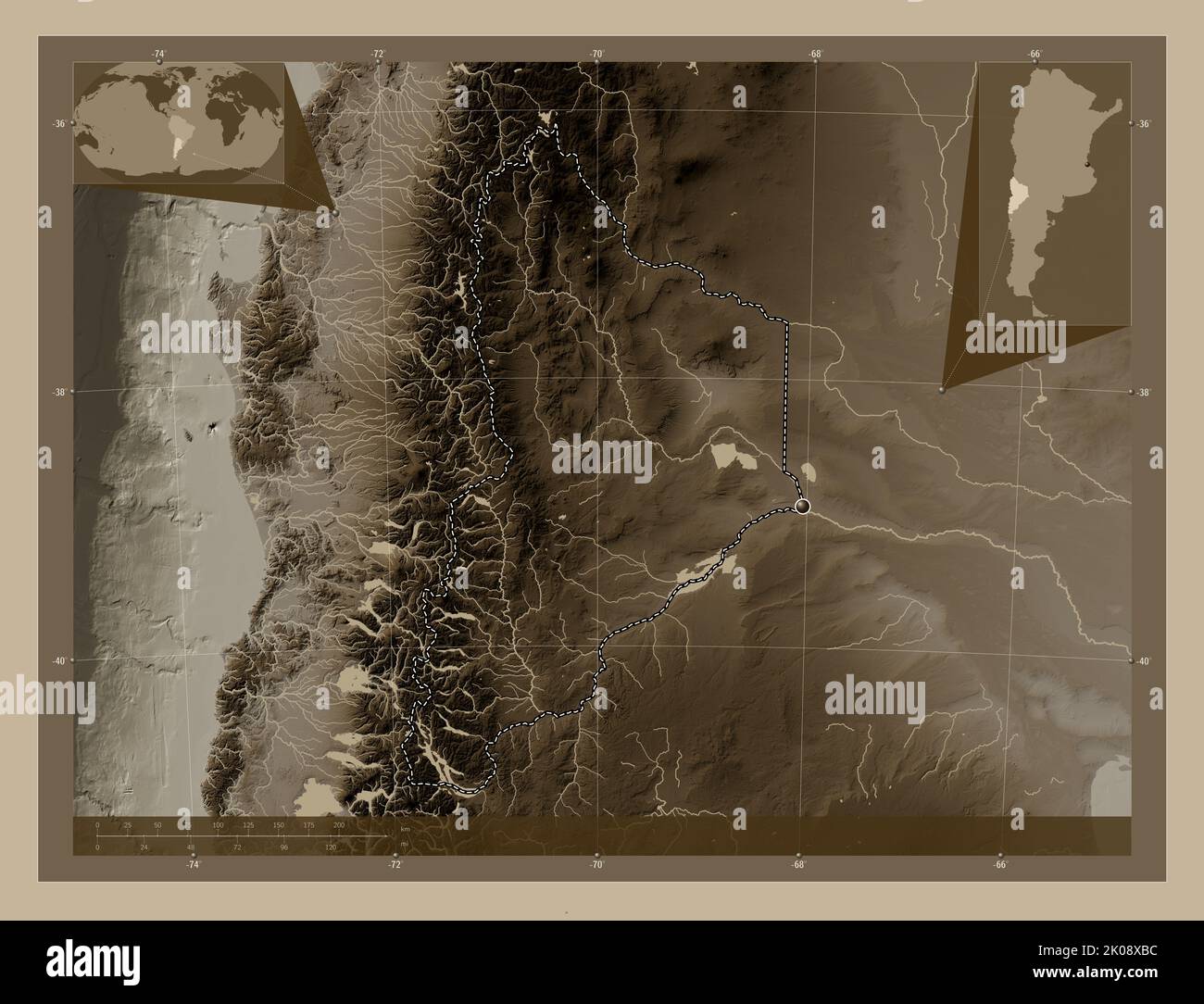 Neuquen, province of Argentina. Elevation map colored in sepia tones ... Neuquen, province of Argentina. Elevation map colored in sepia tones ...
