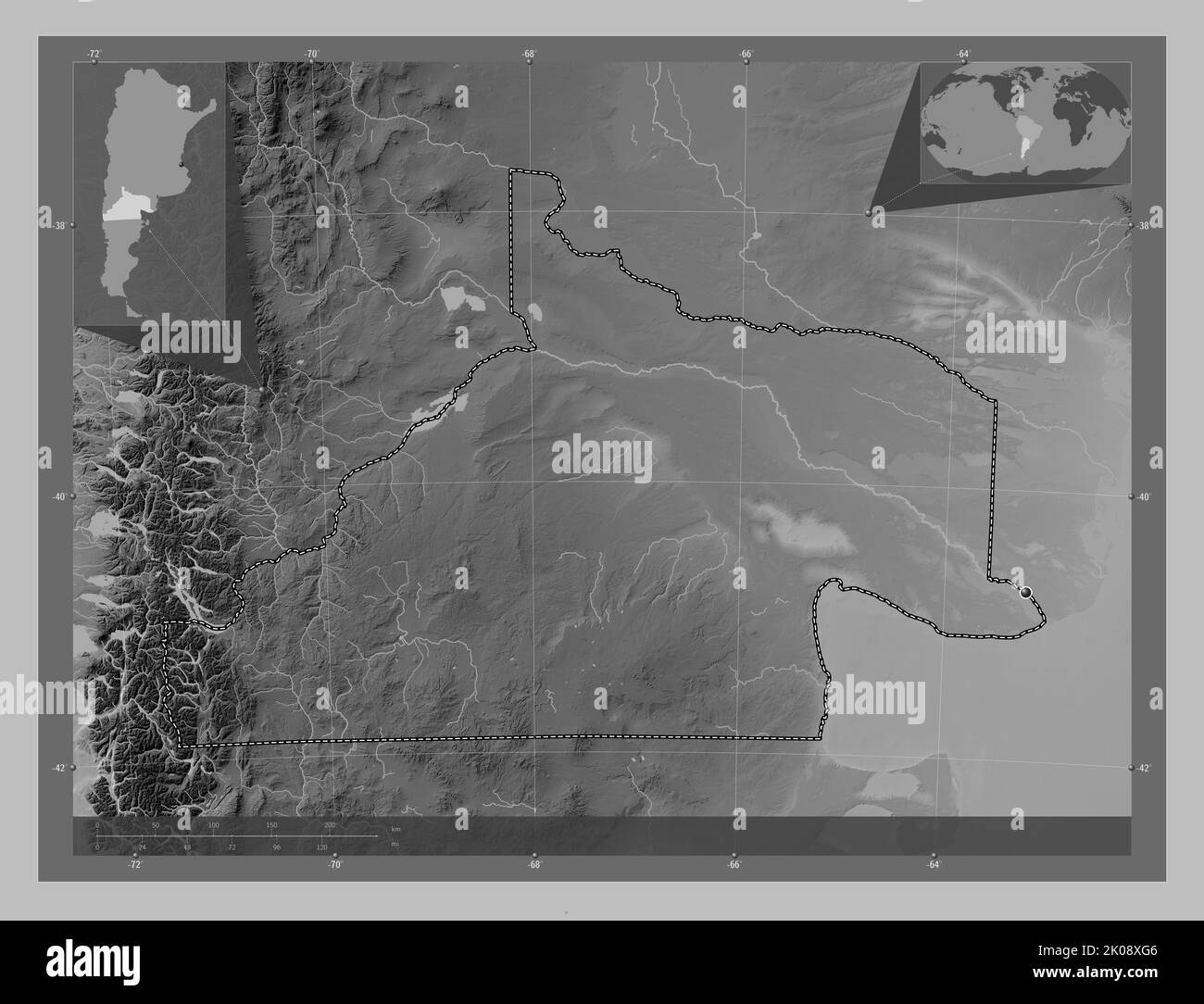 Rio Negro, province of Argentina. Grayscale elevation map with lakes ...