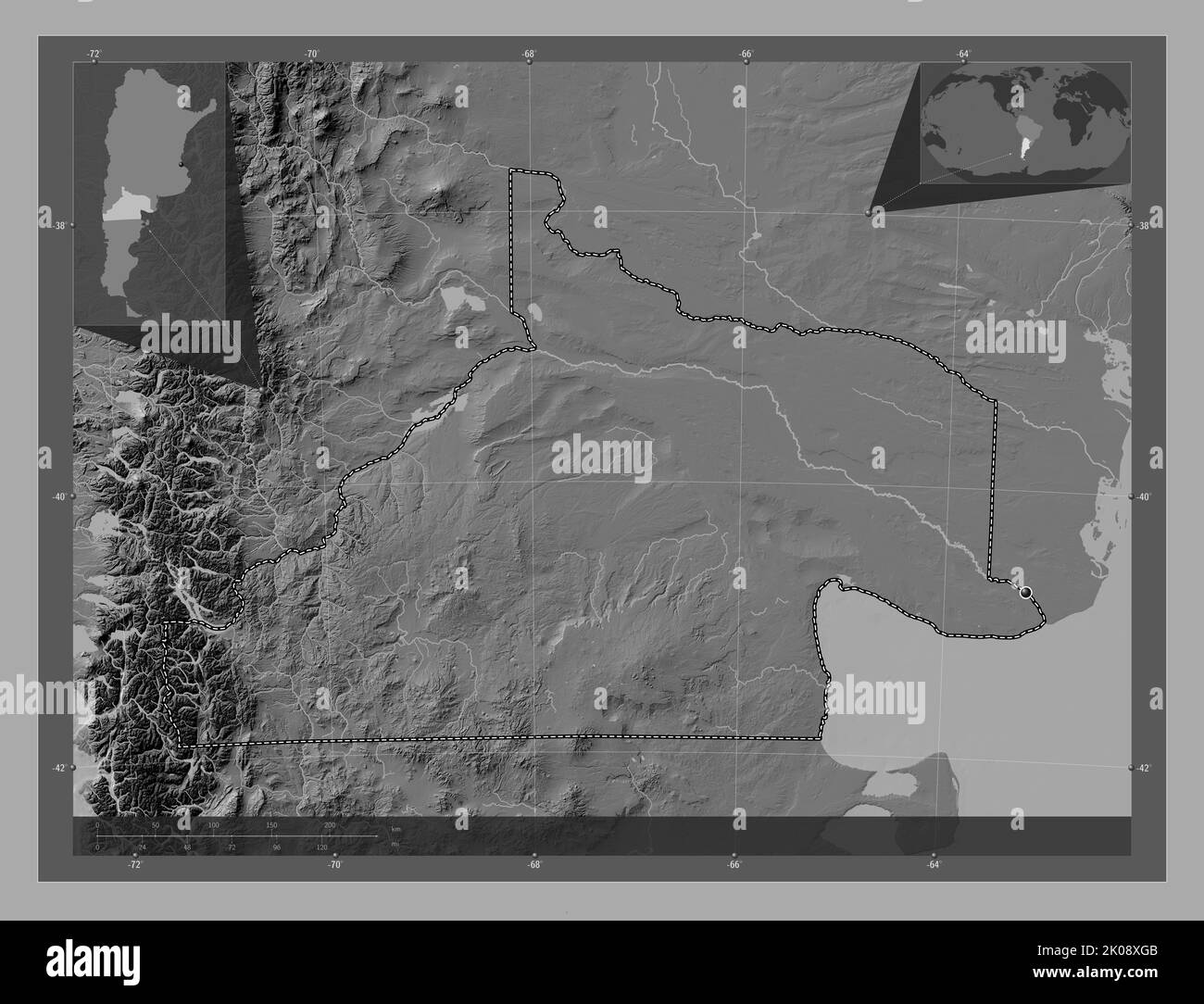 Rio Negro, province of Argentina. Bilevel elevation map with lakes and ...