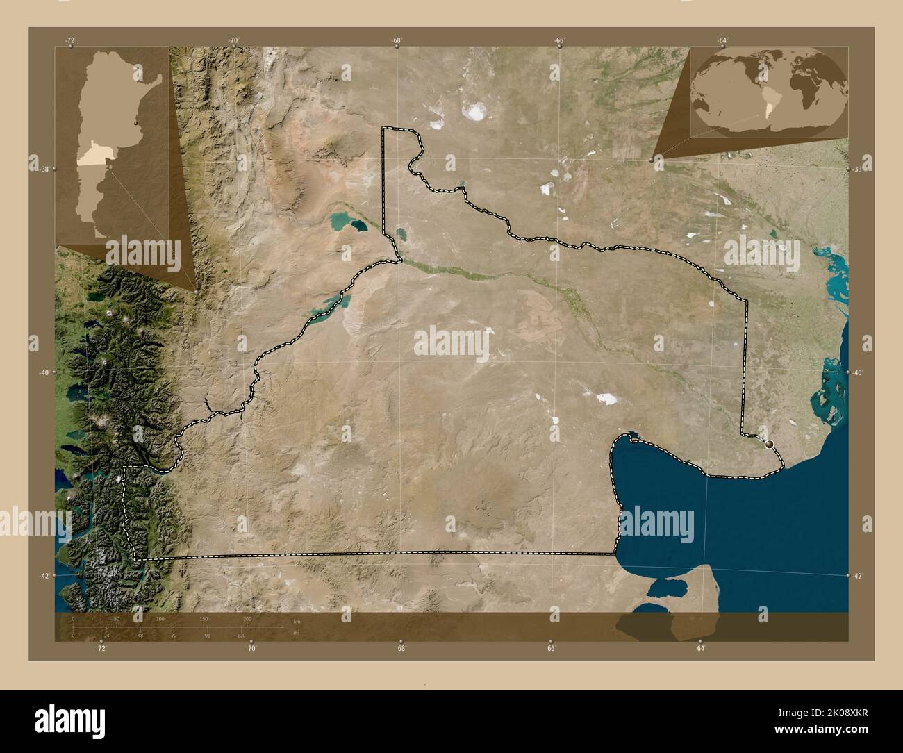 Rio Negro, province of Argentina. Low resolution satellite map. Corner ...