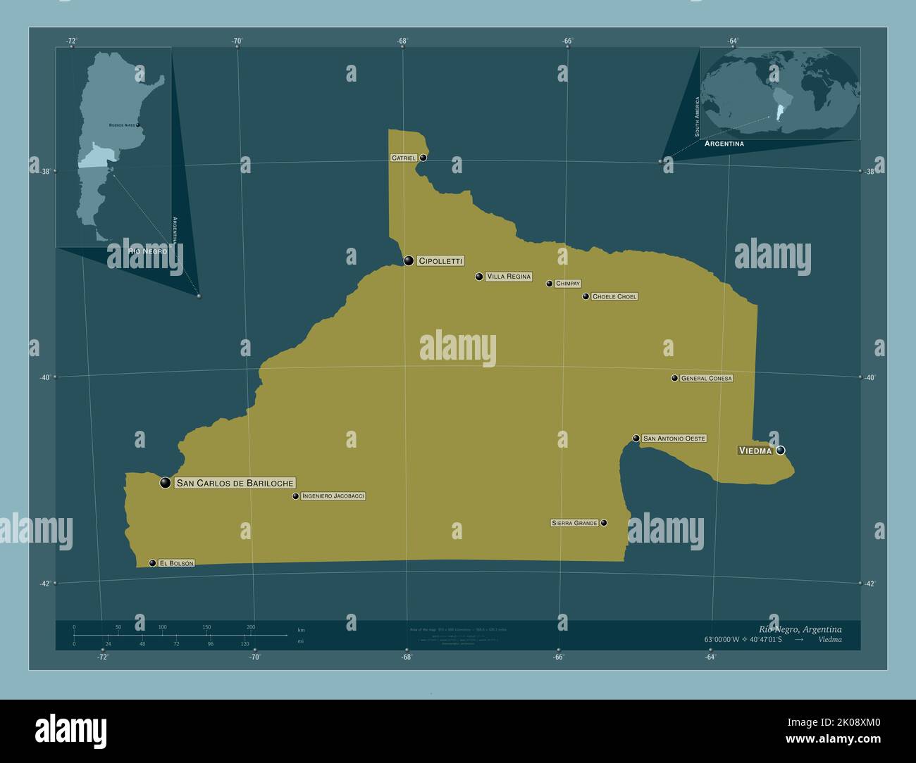 Rio Negro, province of Argentina. Solid color shape. Locations and ...