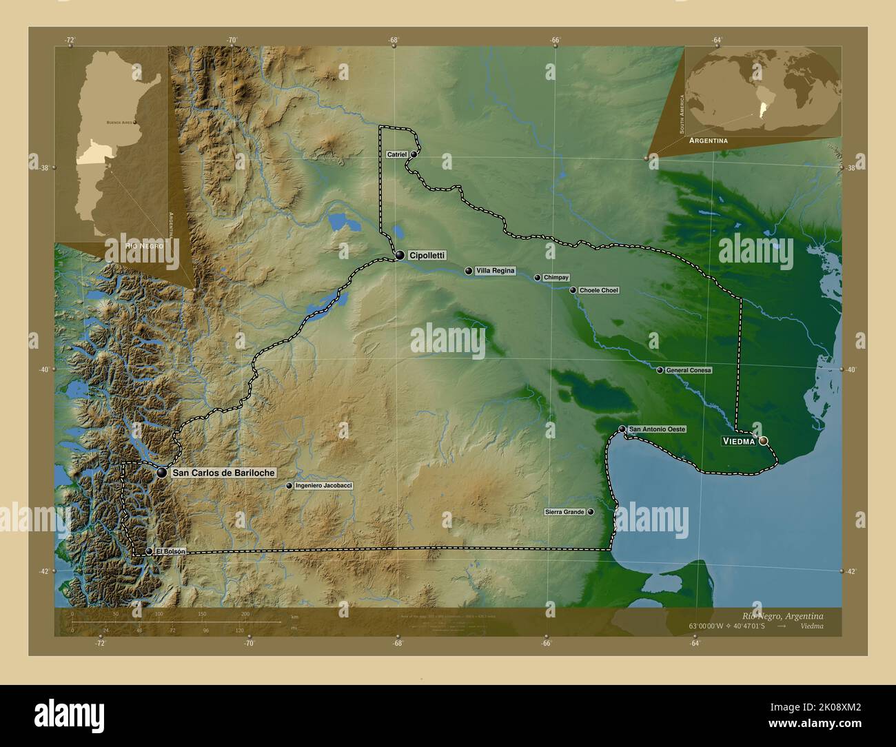 Rio Negro, province of Argentina. Colored elevation map with lakes and ...