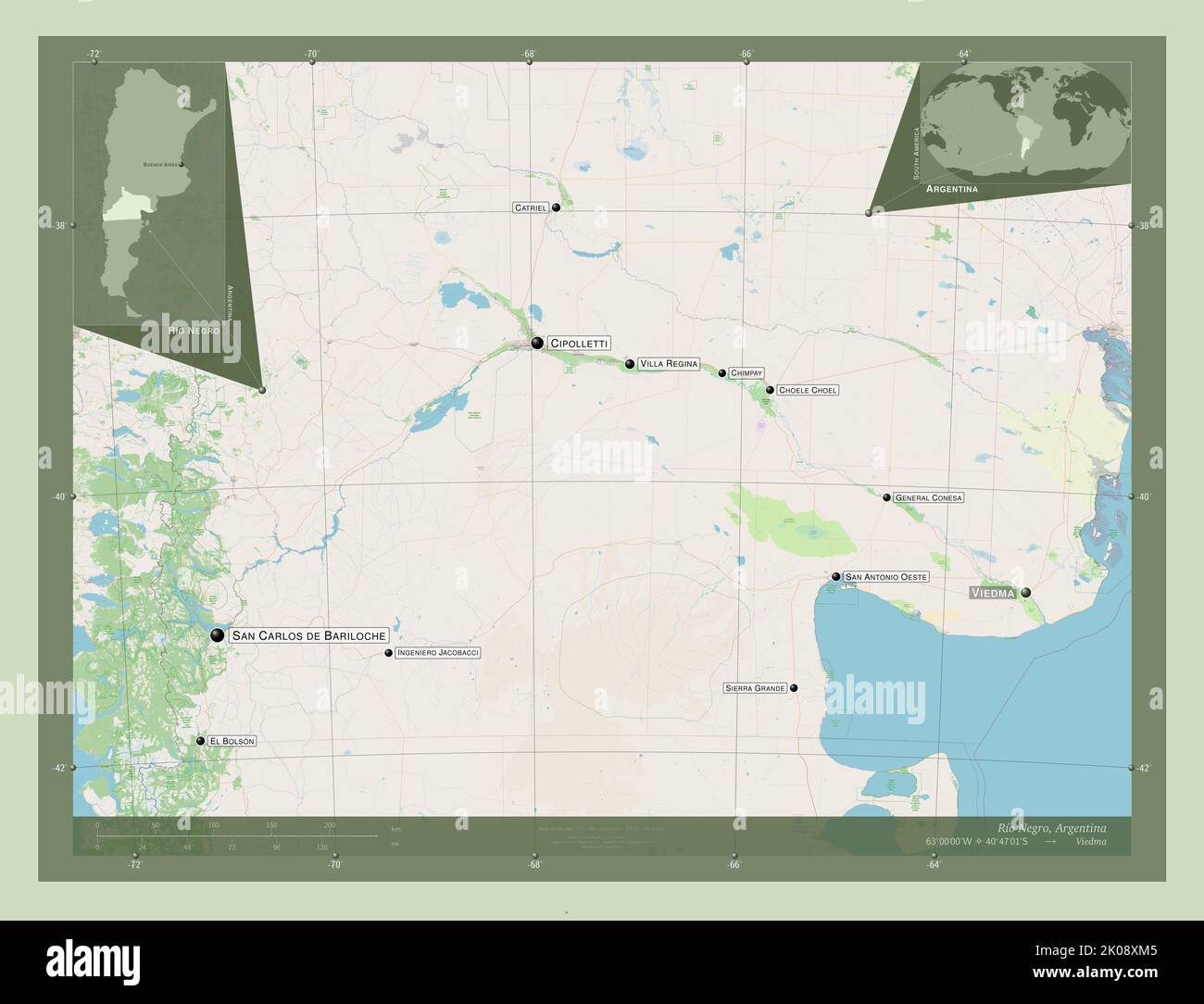 Rio Negro, province of Argentina. Open Street Map. Locations and names ...