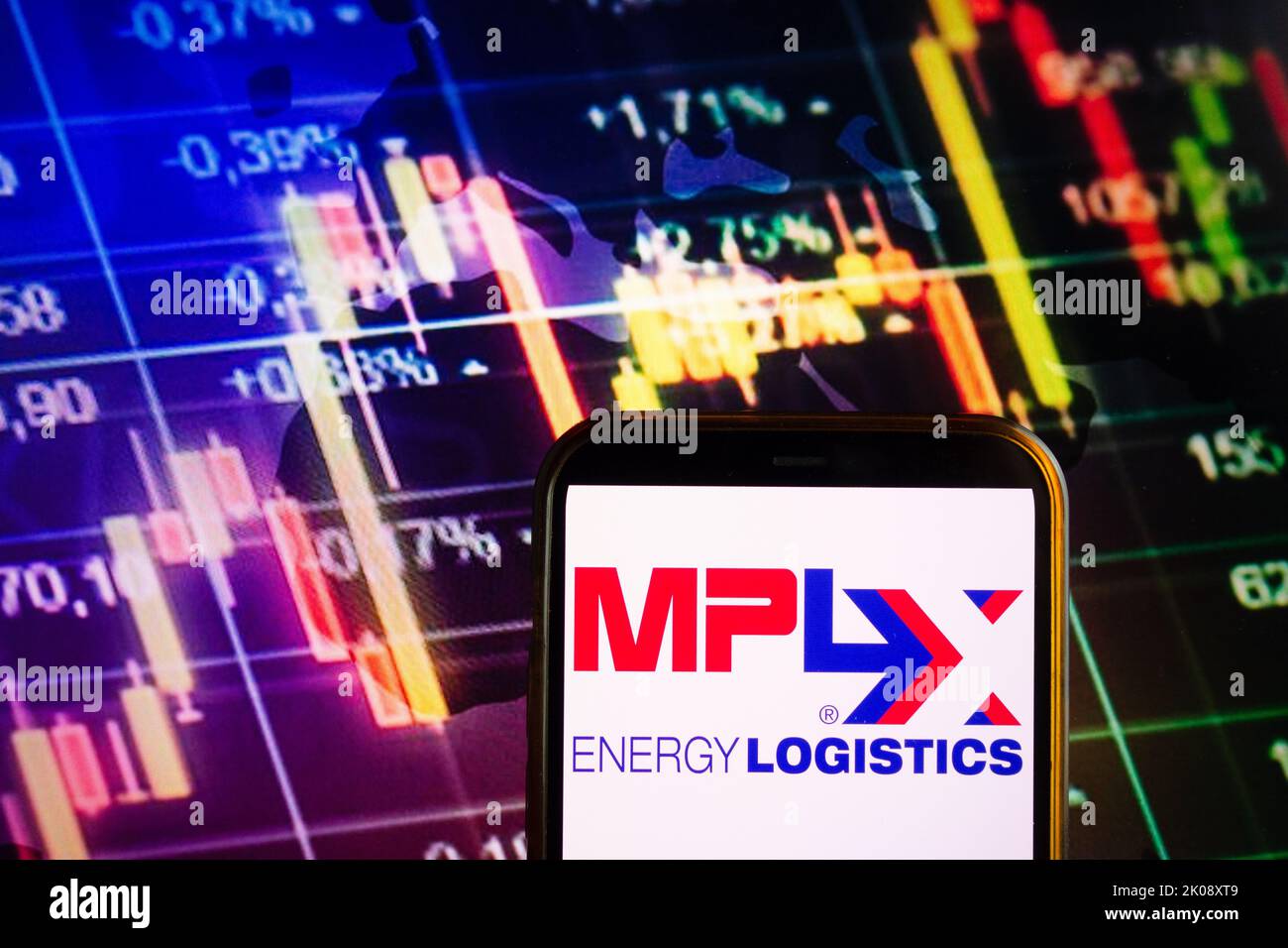 KONSKIE, POLAND - September 10, 2022: Smartphone displaying logo of MPLX company on stock ...