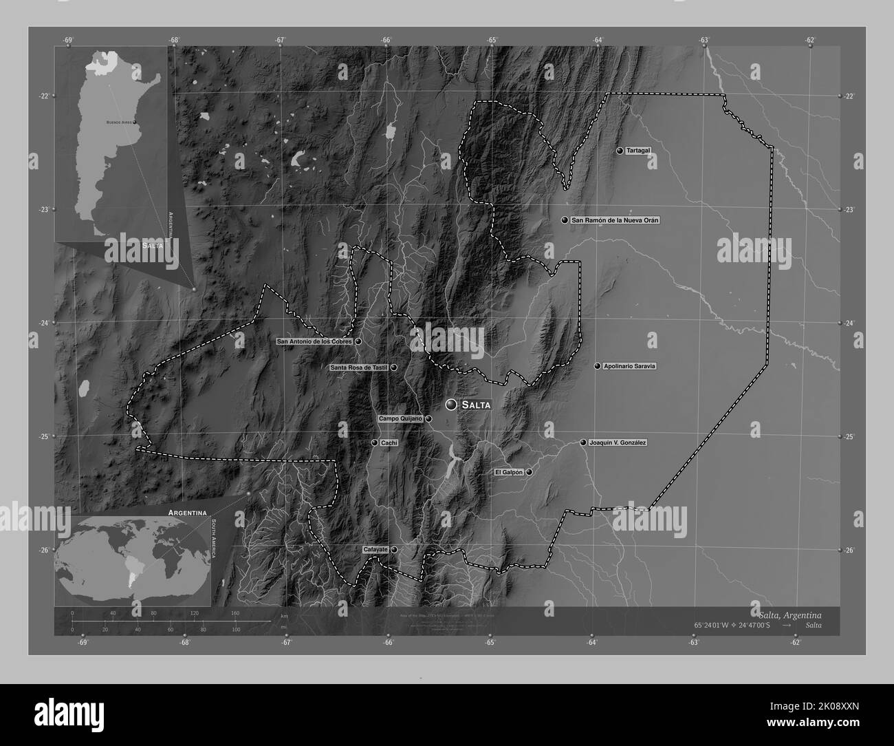 Salta, province of Argentina. Grayscale elevation map with lakes and ...