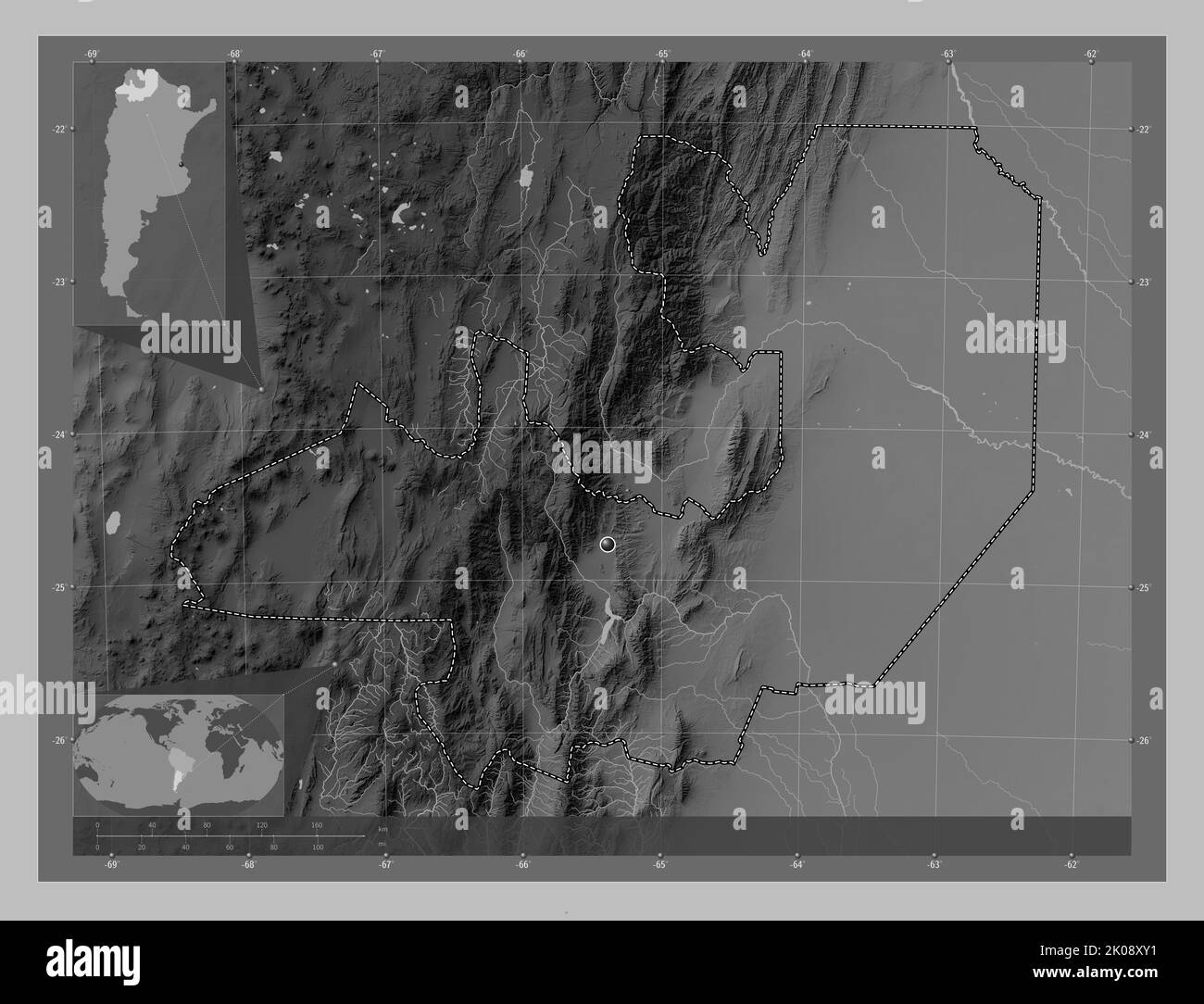 Salta, province of Argentina. Grayscale elevation map with lakes and ...