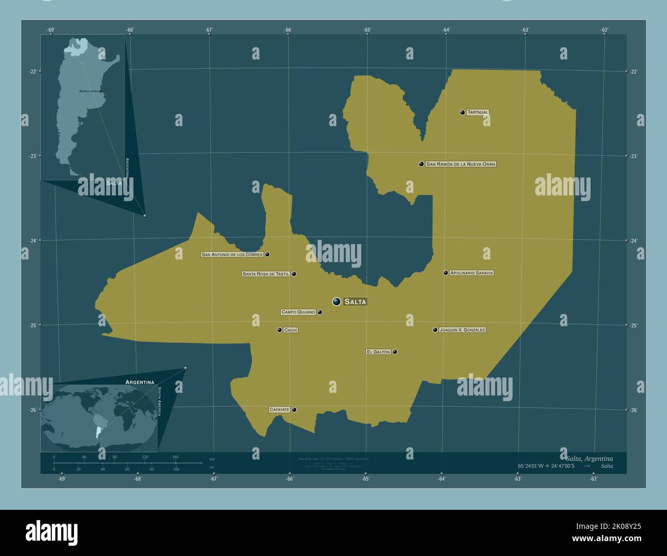 Salta, province of Argentina. Solid color shape. Locations and names of ...