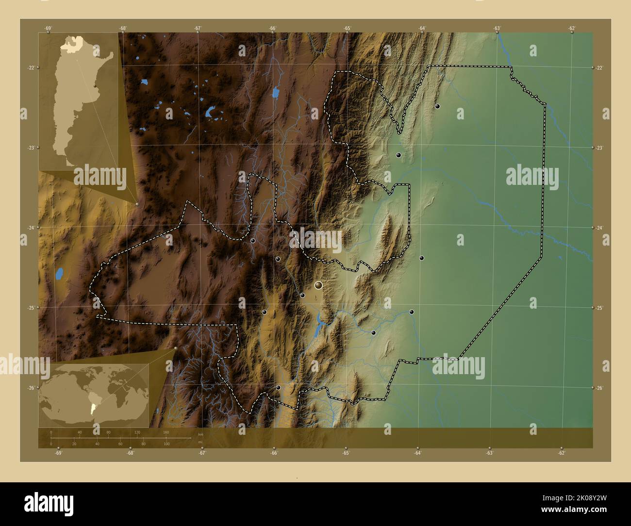 Salta, province of Argentina. Colored elevation map with lakes and ...