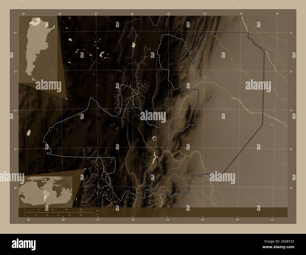 Salta, province of Argentina. Elevation map colored in sepia tones with ...