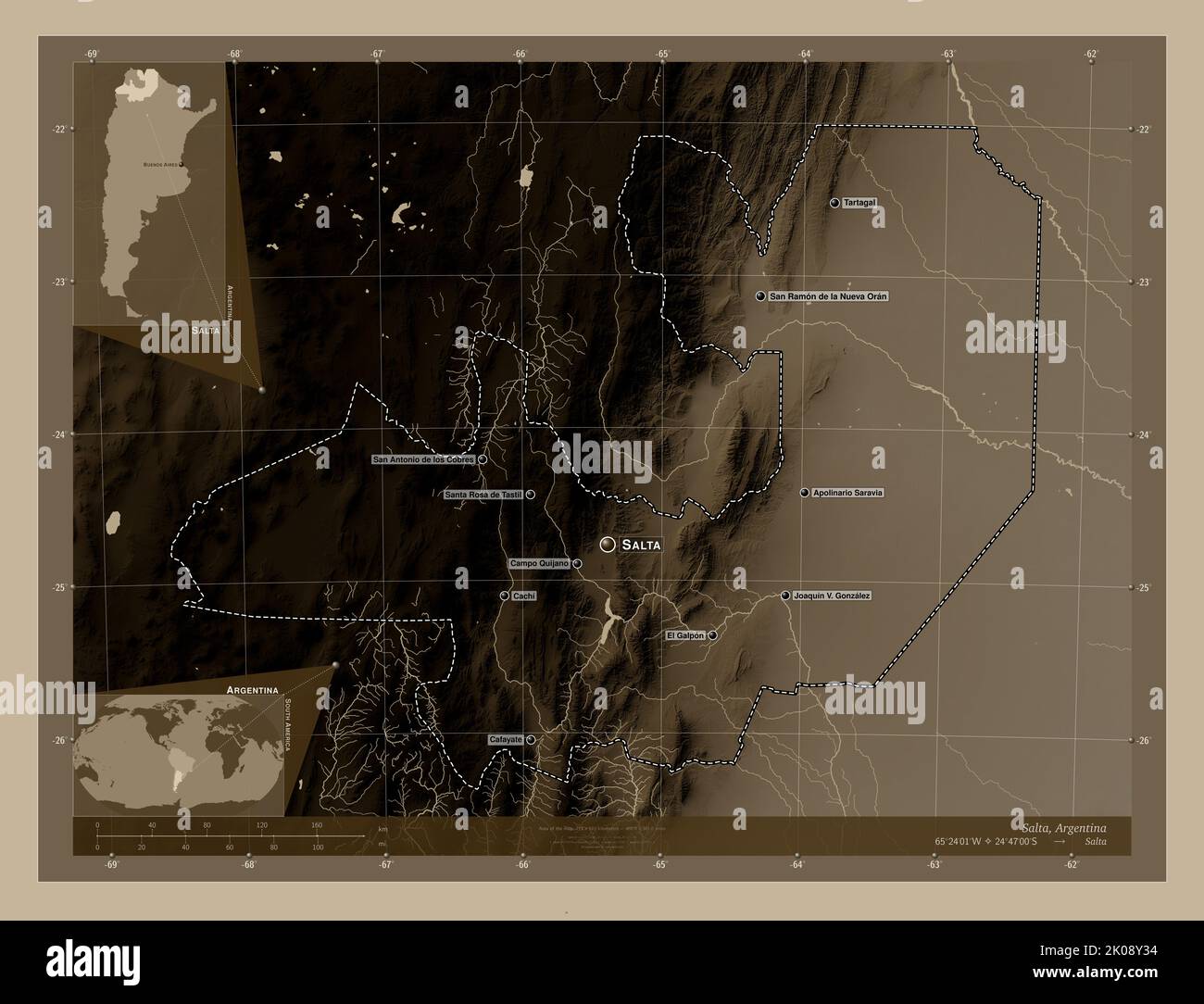 Salta, province of Argentina. Elevation map colored in sepia tones with ...