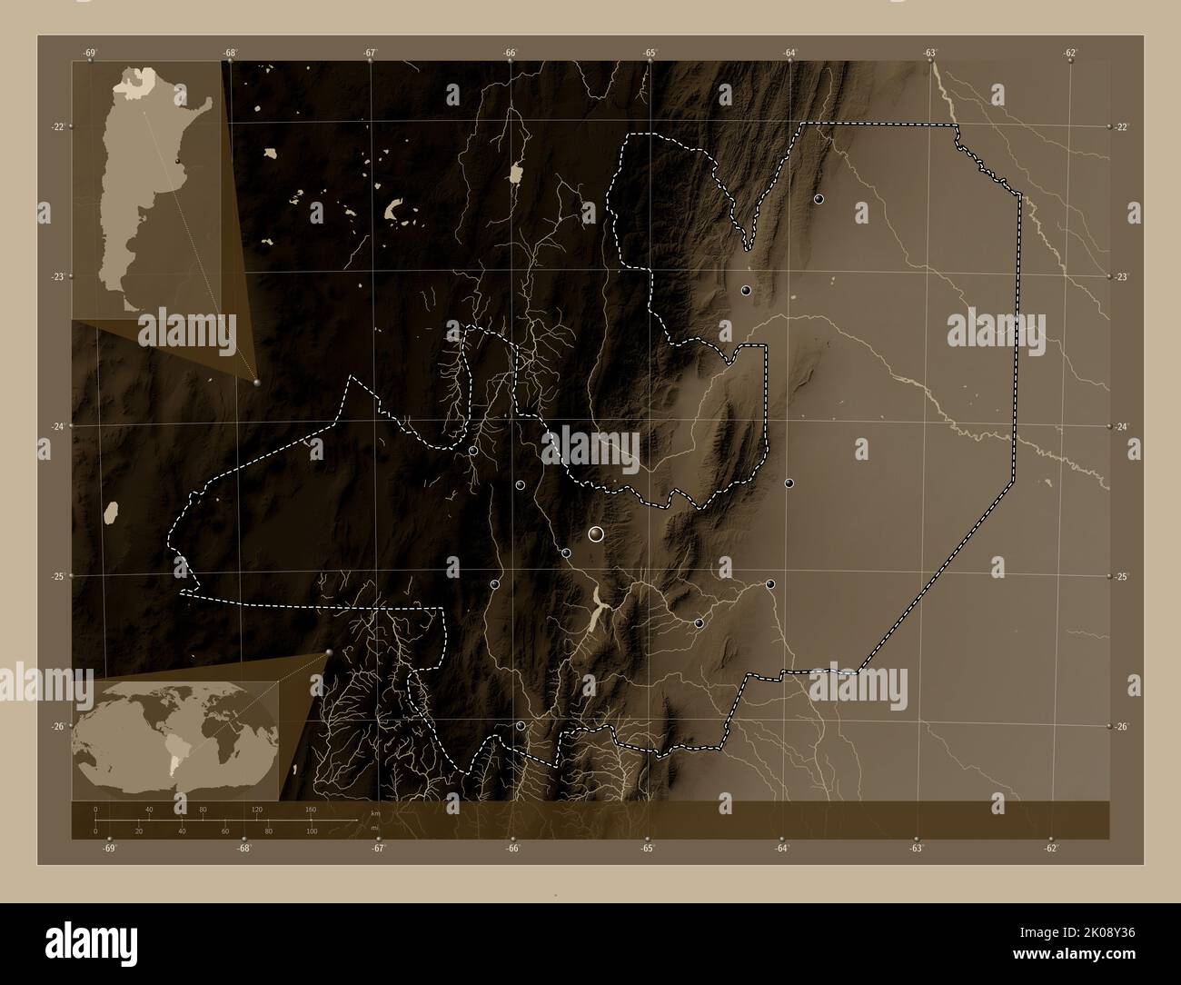 Salta, province of Argentina. Elevation map colored in sepia tones with ...