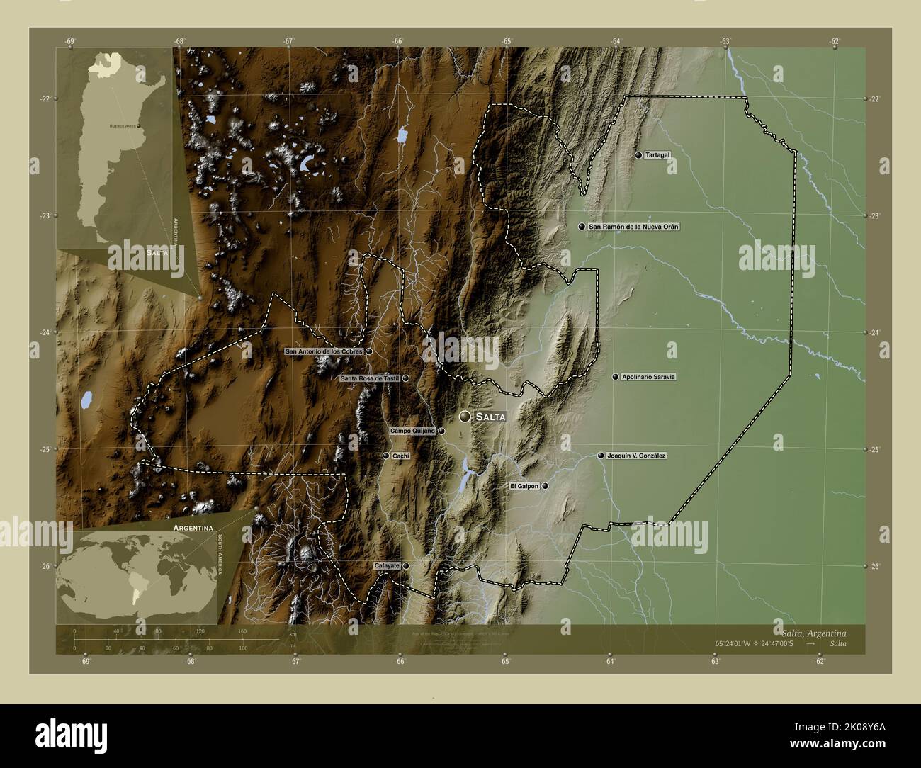 Salta, province of Argentina. Elevation map colored in wiki style with ...