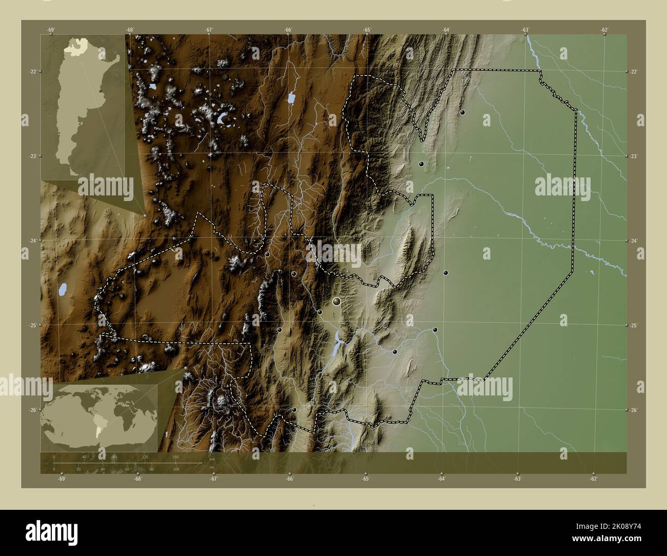 Salta, province of Argentina. Elevation map colored in wiki style with ...