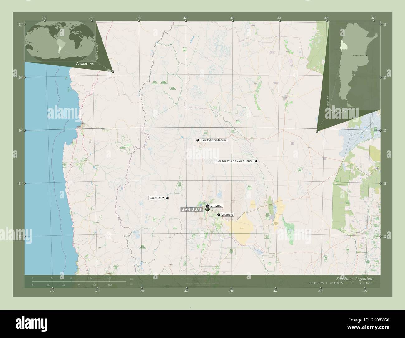 San Juan, province of Argentina. Open Street Map. Locations and names ...