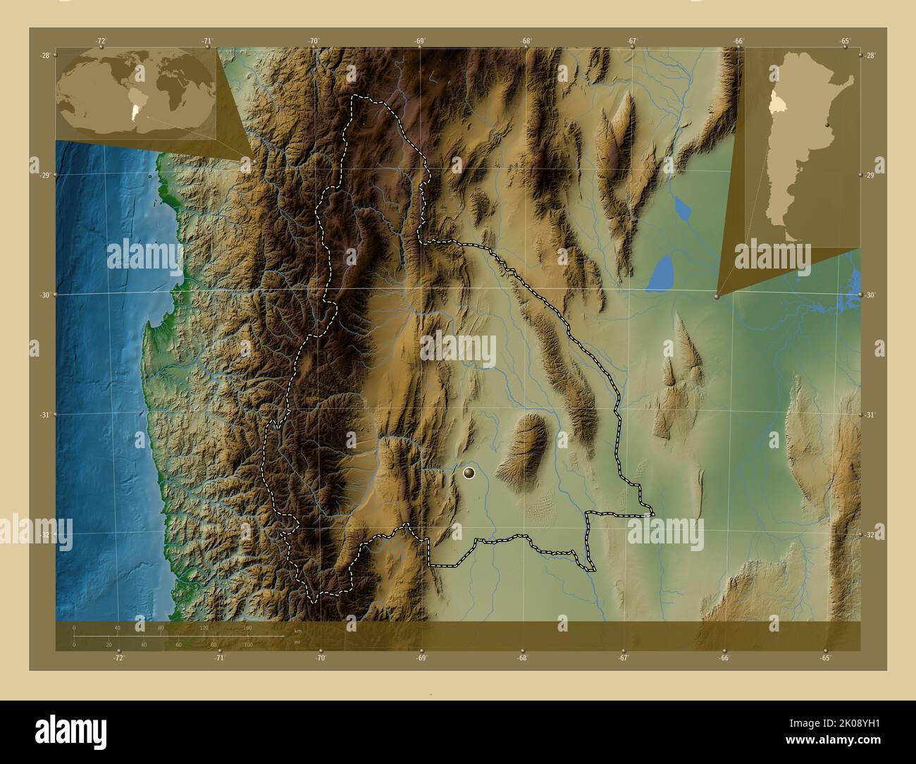 San Juan, province of Argentina. Colored elevation map with lakes and ...