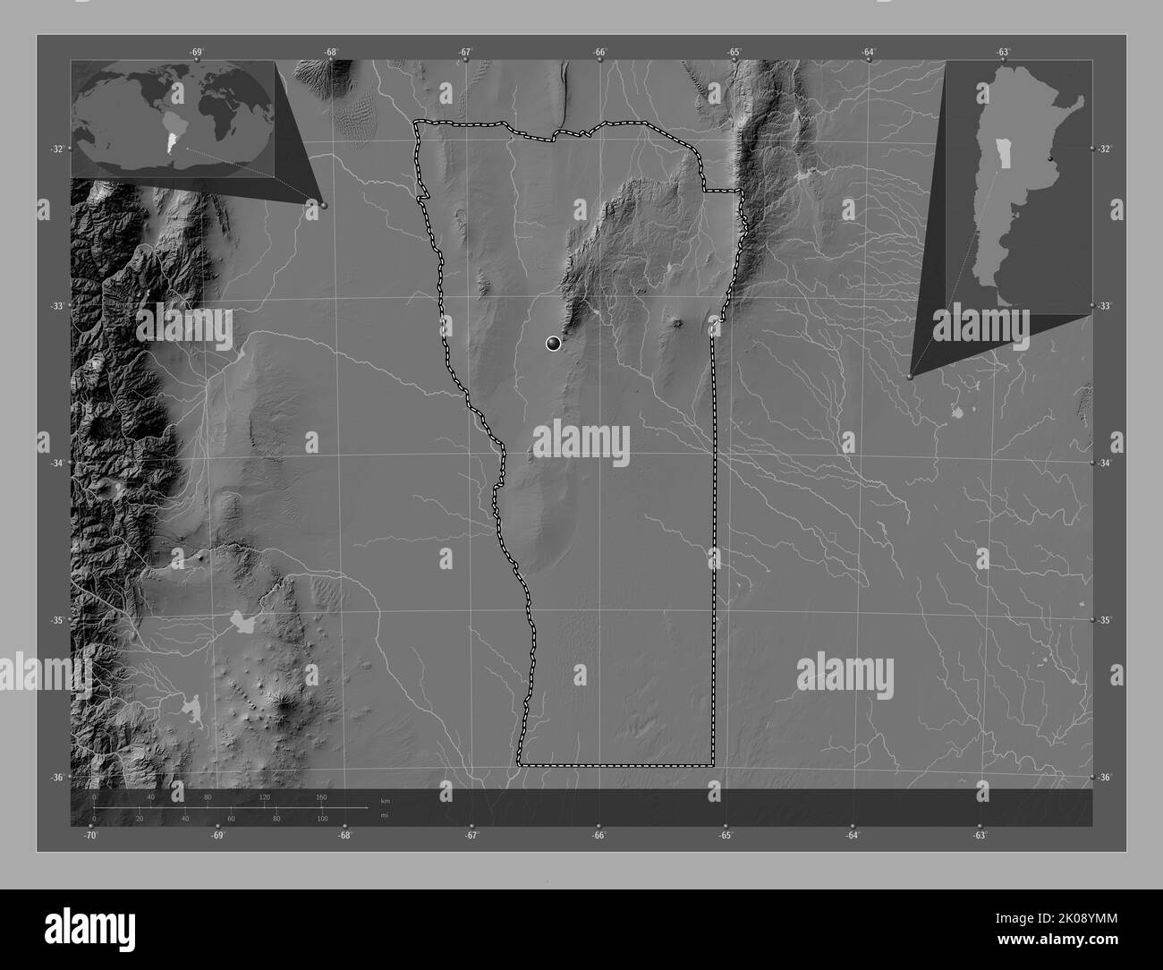 San Luis, province of Argentina. Bilevel elevation map with lakes and ...
