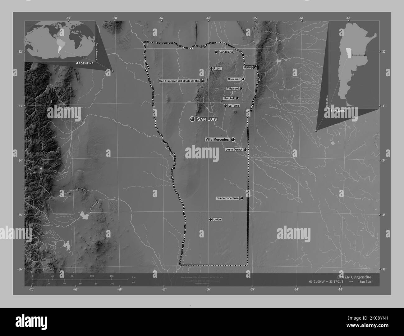 San Luis, province of Argentina. Grayscale elevation map with lakes and ...