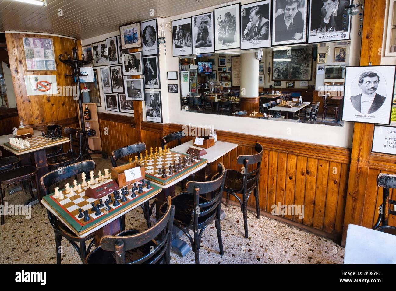 Interiors of the chess lover kafeneio Panellinion in Athens Stock Photo ...