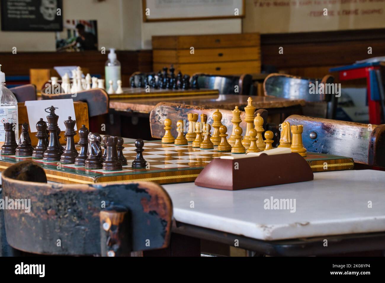 Interiors of the chess lover kafeneio Panellinion in Athens Stock Photo ...