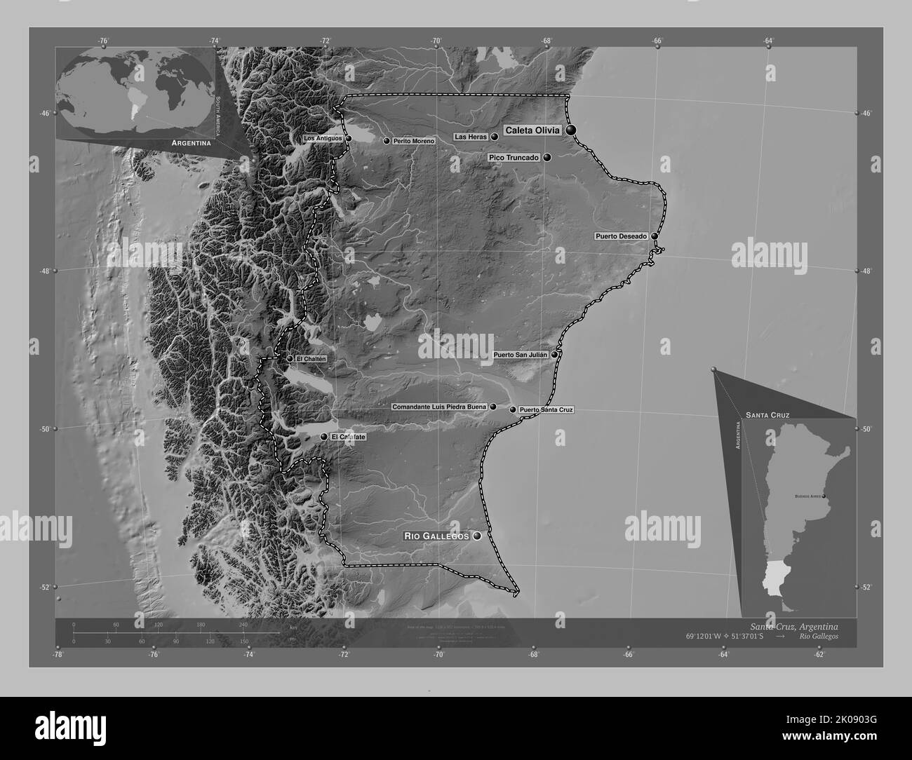 Santa Cruz, province of Argentina. Grayscale elevation map with lakes ...