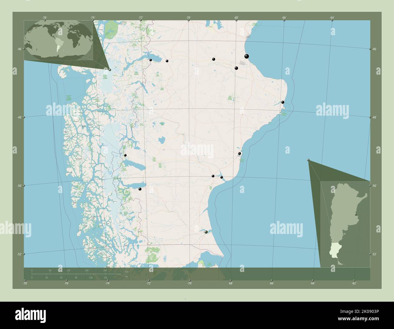 Santa Cruz, province of Argentina. Open Street Map. Locations of major ...