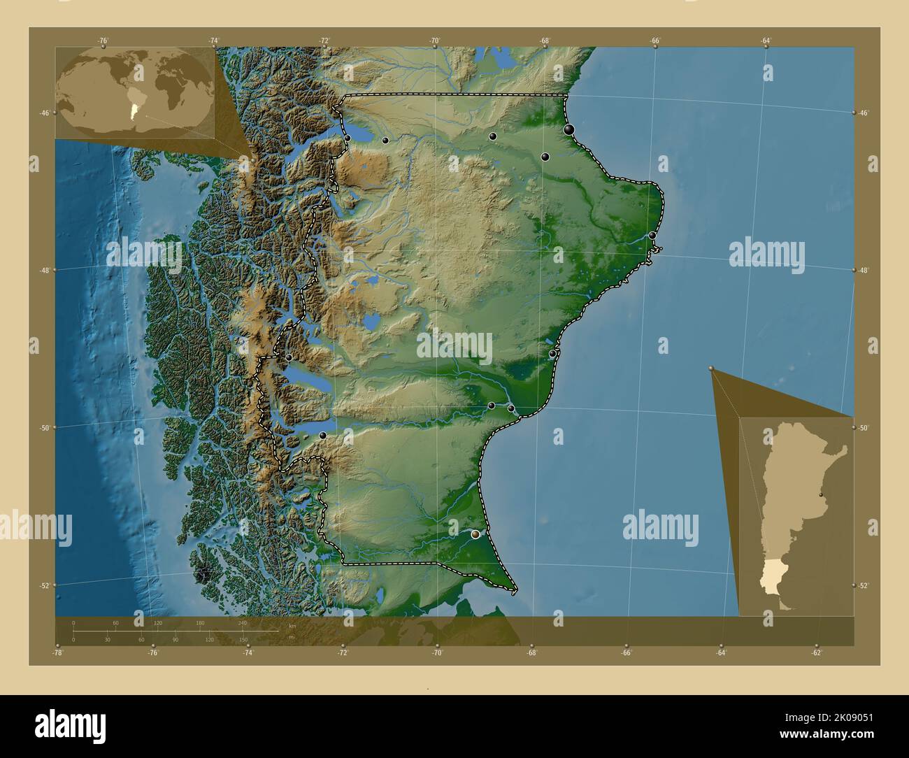Santa Cruz, province of Argentina. Colored elevation map with lakes and ...