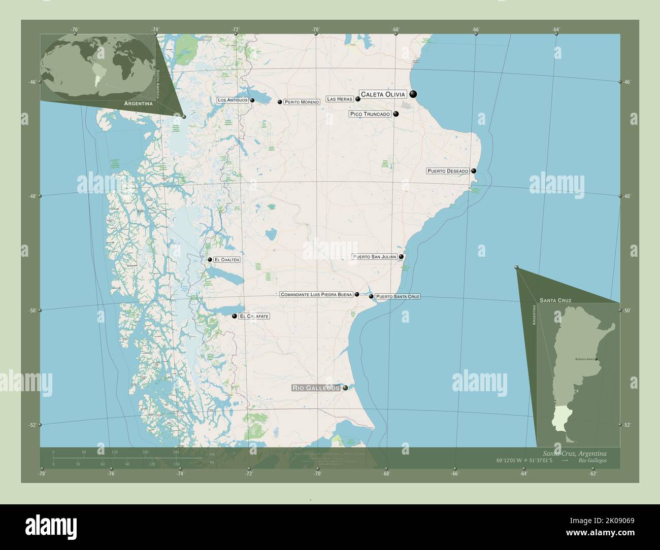 Santa Cruz, province of Argentina. Open Street Map. Locations and names ...