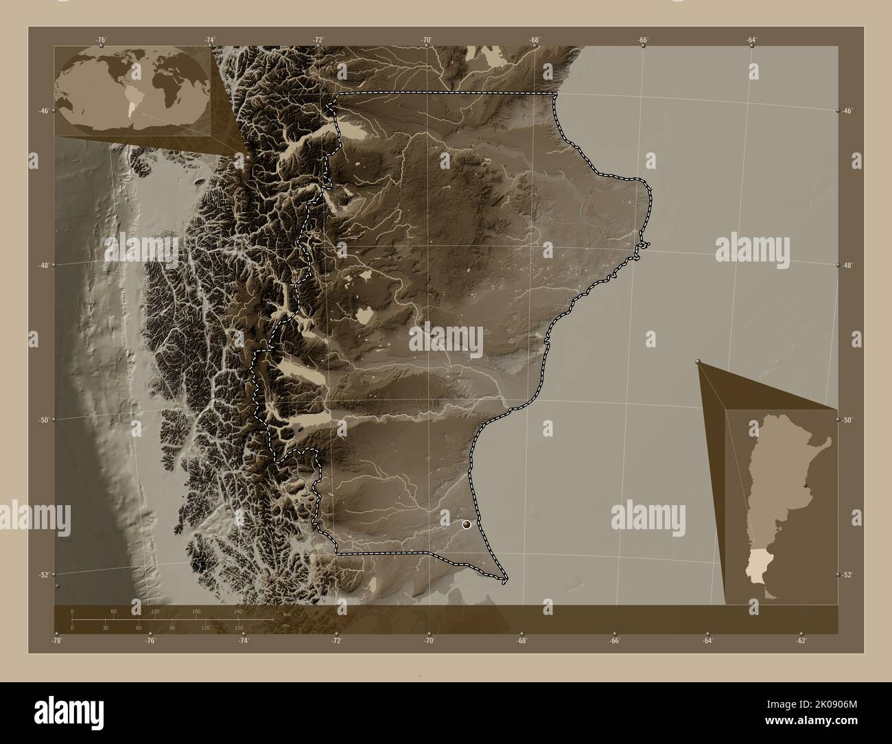Santa Cruz, province of Argentina. Elevation map colored in sepia tones ...