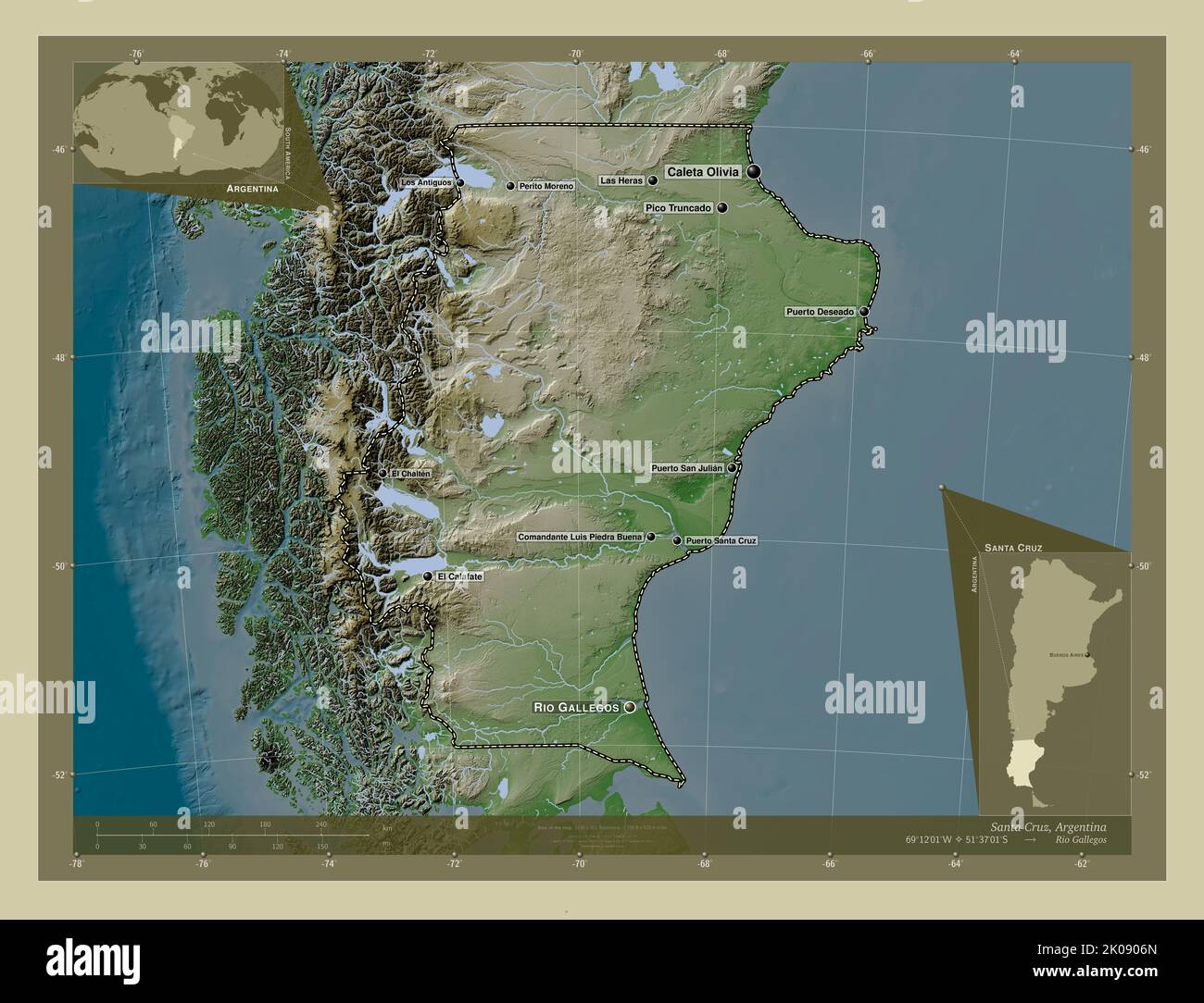 Santa Cruz, province of Argentina. Elevation map colored in wiki style ...