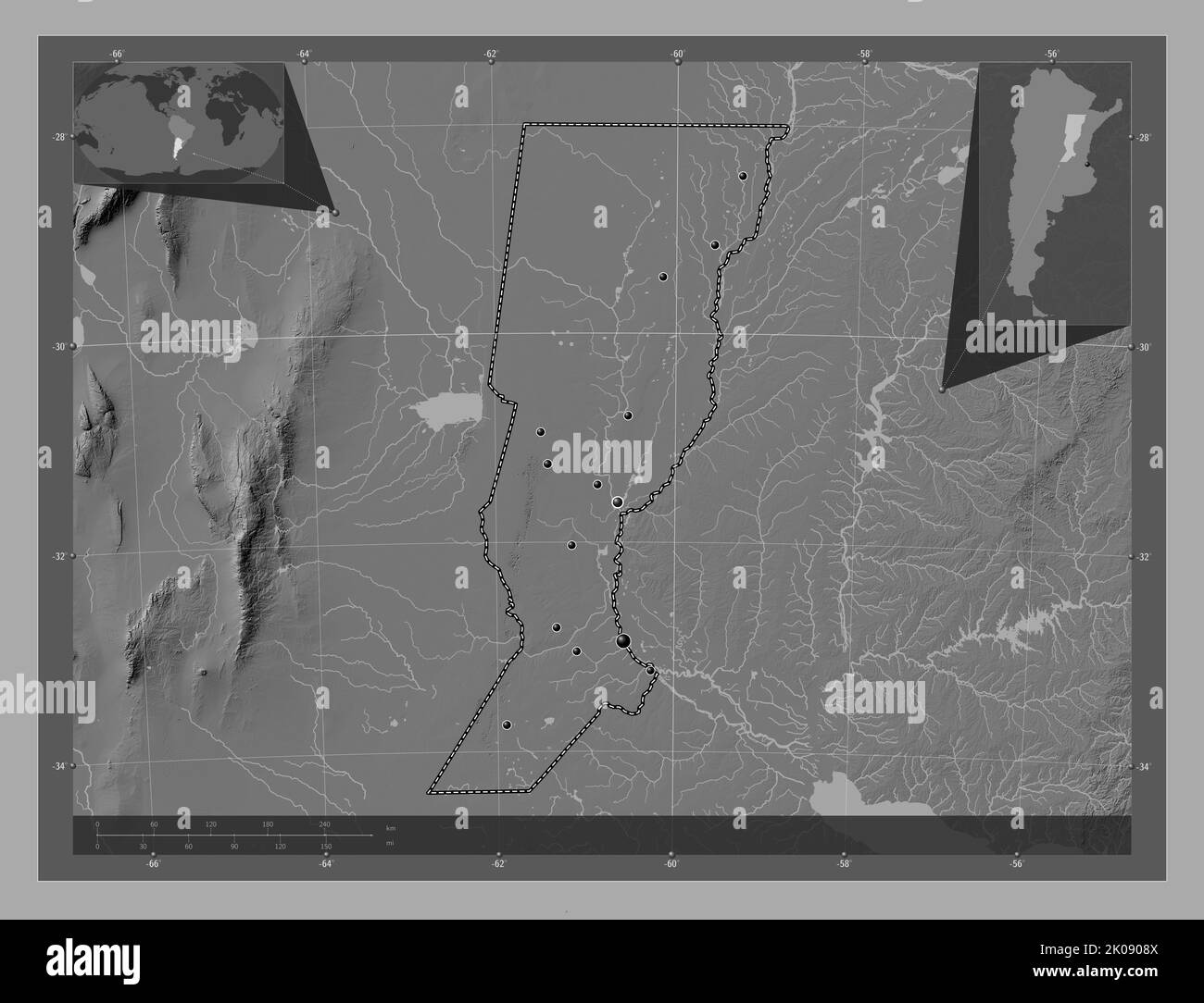 Santa Fe, province of Argentina. Bilevel elevation map with lakes and ...
