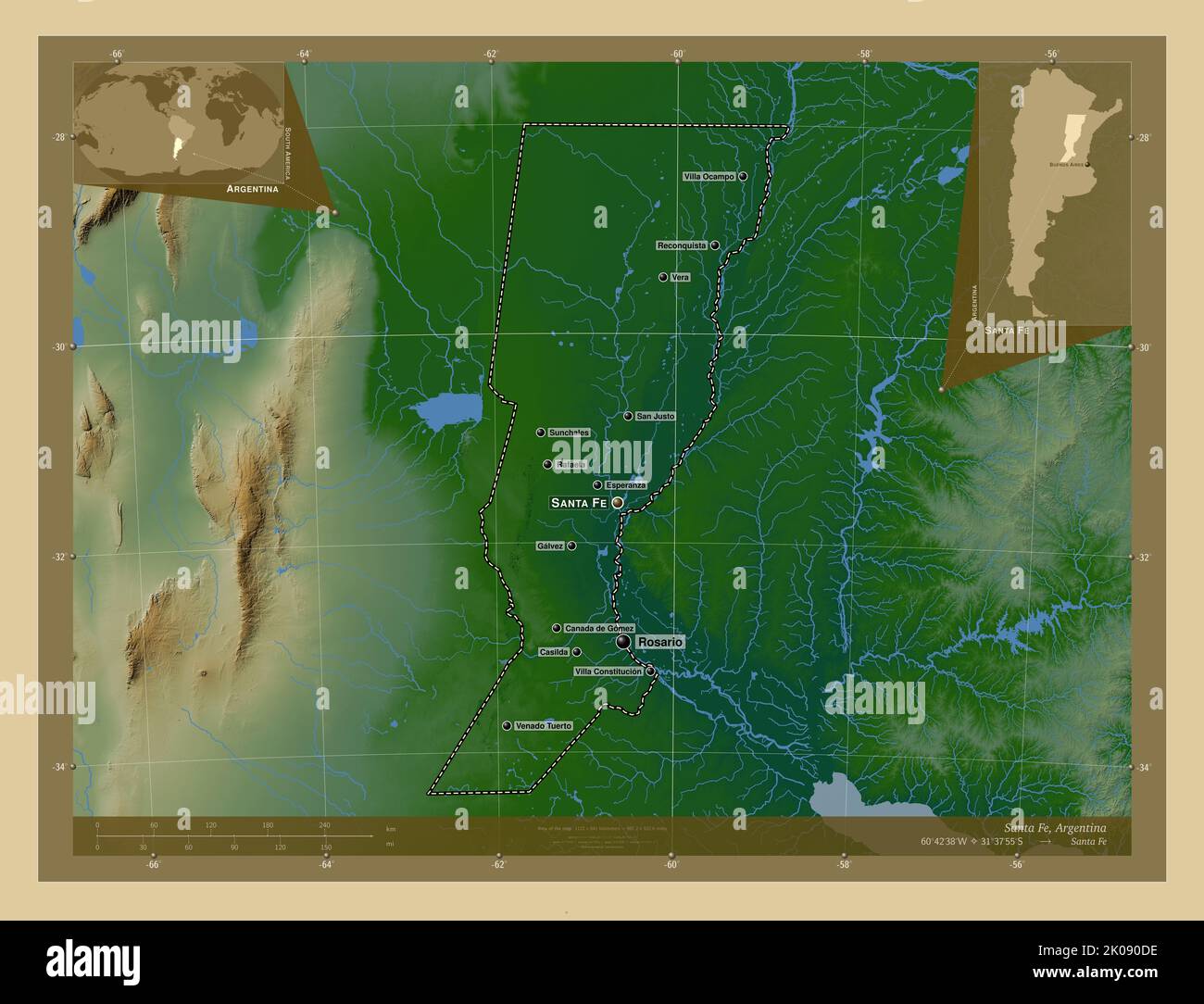 Santa Fe, province of Argentina. Colored elevation map with lakes and ...