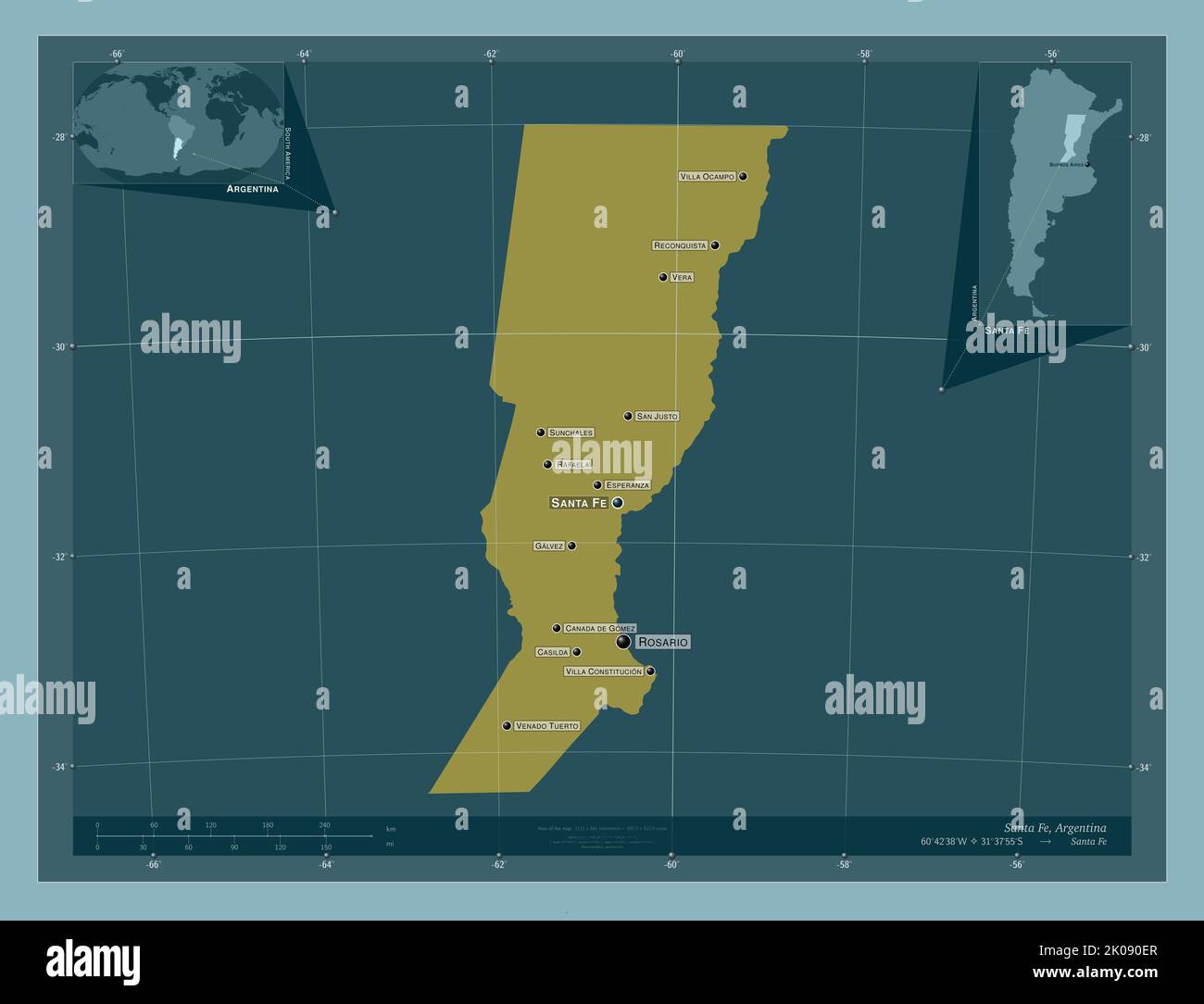Santa Fe, province of Argentina. Solid color shape. Locations and names ...