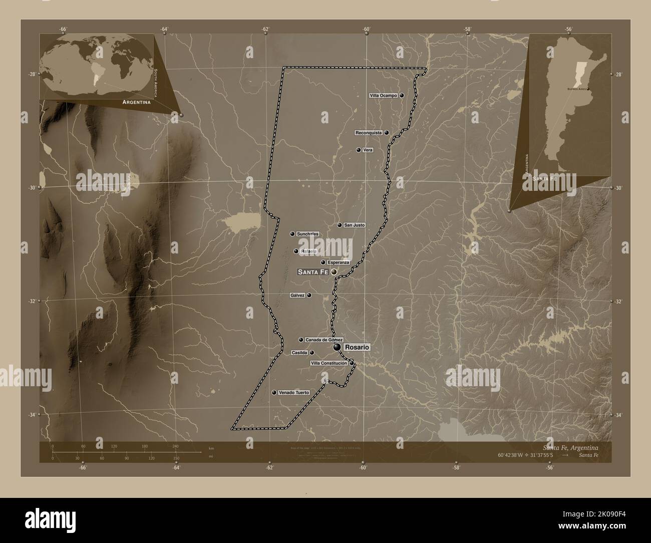 Santa Fe, province of Argentina. Elevation map colored in sepia tones ...